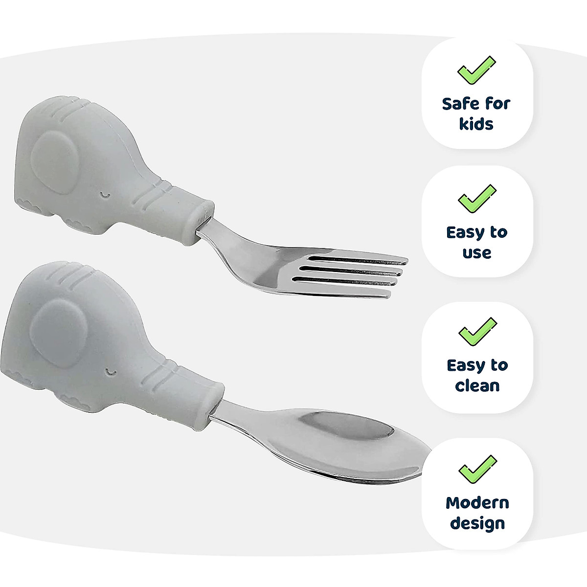 Tiny Twinkle Easy Grip Toddler Utensils Spoon and Fork Set - BPA & Phthalate Free Utensil Sets, Kids Silverware With Silicone Handle, Baby Led Weaning Supplies for 12 Months & Up (Grey Elephant)