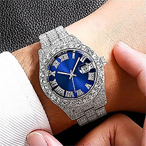 LGXIGE Mens Ice Out Watches Big Rocks with Roman Numerals Fully Colorful Dial Gold Watch (Silver Band Blue)