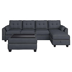 HONBAY Convertible Sectional Sofa Couch Set L-Shape Sofa Couch Set 4 Seat Sofa Sectional with Storage Ottoman for Living Room,Bluish Grey (Sectional+Tray Ottoman)