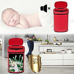 Hudada 13 Gallon Automatic Trash Can Kitchen Garbage Can with Lid Automatic Touchless Infrared Motion Sensor Stainless Steel Trash Can for Kitchen Home Office Living Room Bedroom (Red)