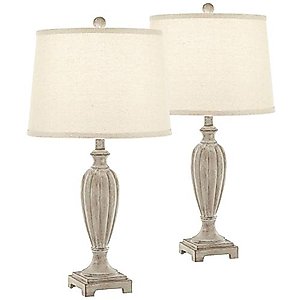 Regency Hill Traditional Country Cottage Table Lamps 27" Tall Set of 2 LED Light Oak Carved Wood Off White Shade Decor for Living Room Bedroom House Bedside Nightstand Home Office Entryway