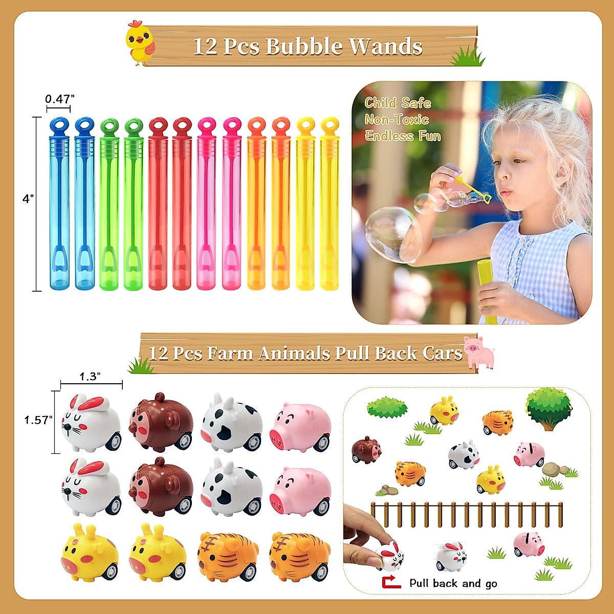 Farm Animals Party Favors Supplies 108 Pcs Birthday Party Decorations Goodie Boxes Bubble Wands Stampers Rubber Pigs Figures Keychains Pull Back Cars Slap Bracelets Stickers Toys For Kids Boys Girls