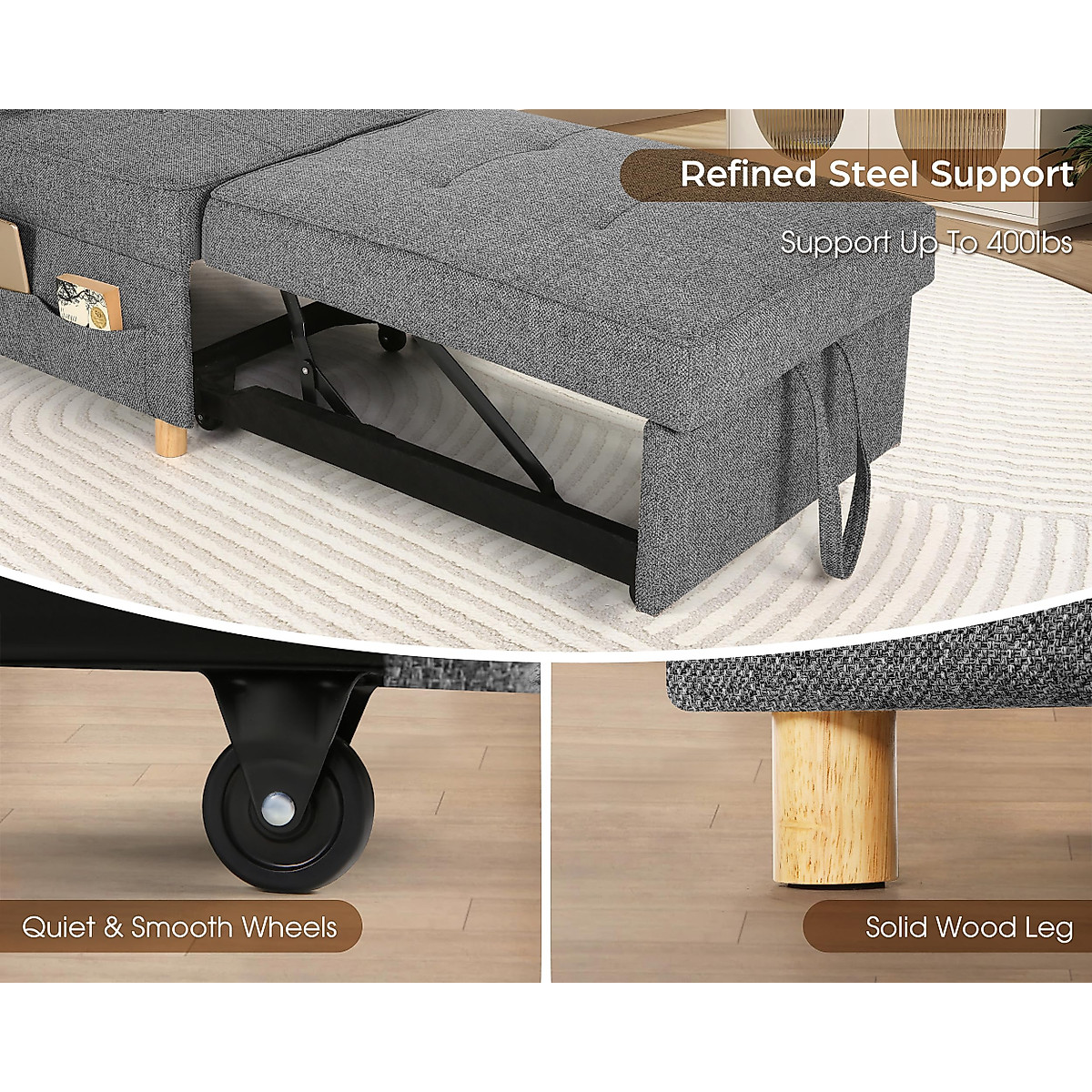 SEJOV Sleeper Sofa Chair Bed,4-in-1 Convertible Sofa Bed Chair with 6 Adjustable Backrest and Pillow, 3-Seat Pull Out Sleeper Chair Linen No Backrest for Bedroom Small Space Living Room, Dark Grey