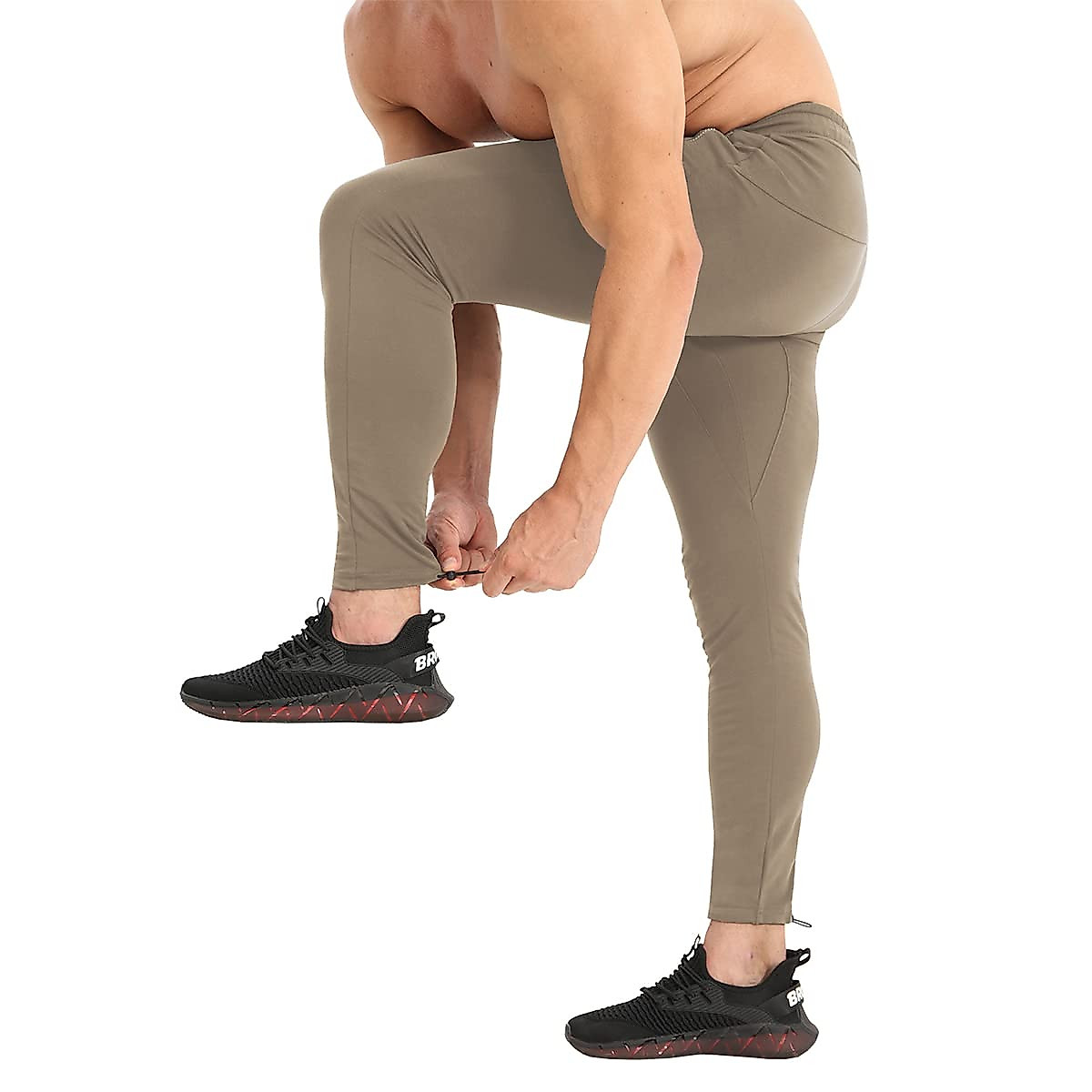 BROKIG Mens Workout Joggers Ankle Cords Gym Running Pants Athletic Sweatpants for Men with Zipper Pockets(X-Large, Beige)