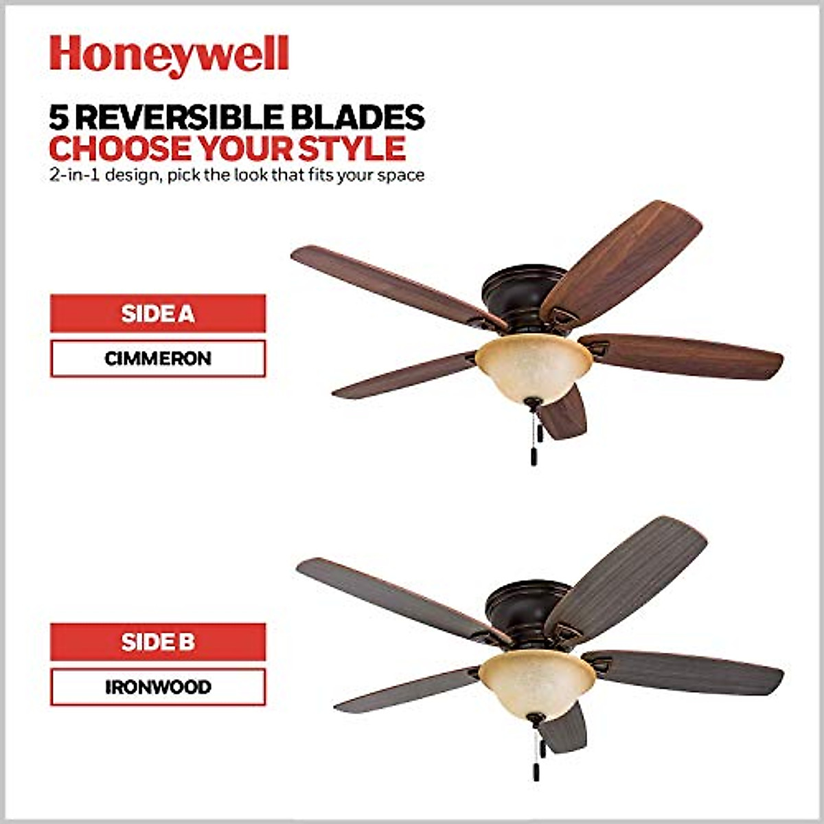 Honeywell Ceiling Fans Glen Alden, 52 Inch Classic Flush Mount Indoor LED Ceiling Fan with Light, Pull Chain, Quick-2-Hang Dual Finish Blades, Reversible Motor - 50517-01 (Oil Rubbed Bronze)