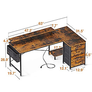 KKL 63 inch L Shaped Computer Desk with USB Charging Port & Power Outlet, L-Shaped Corner Desk with 4 Tier Drawer & Monitor Shelf for Home Office Workstation, Modern Style Writing Table, Vintage