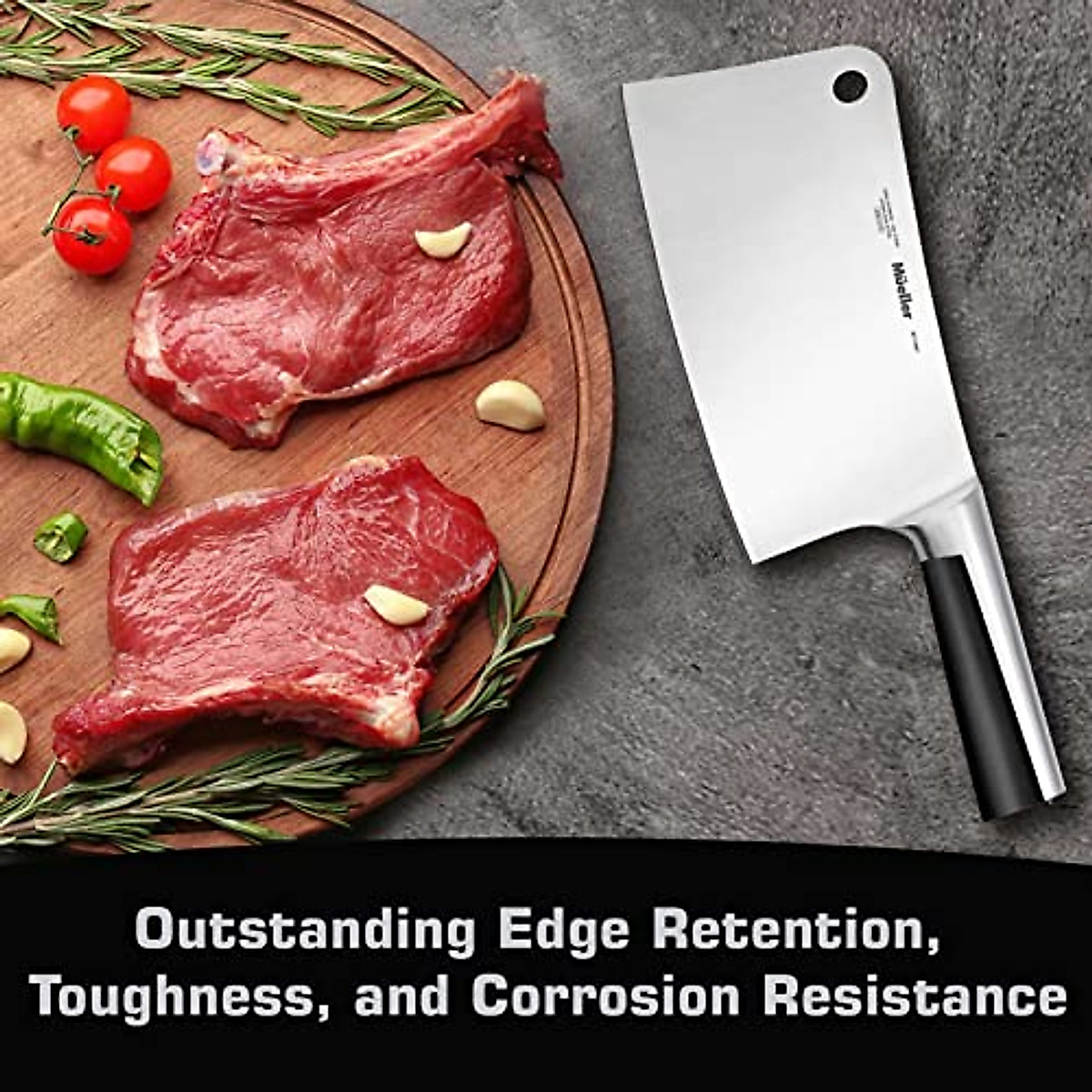 Mueller 7-inch Meat Cleaver Knife, Stainless Steel Professional Butcher Chopper, Stainless Steel Handle, Heavy Duty Blade for Home Kitchen and Restaurant, Valentines Day Gifts for Him