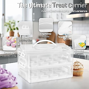 Flexzion Cupcake Carrier, Cupcake Holder for 24 Cupcakes, Portable and Reusable Rectangular Cake Carrier with Lid and Handle, 2 Tier Stackable Layer Insert (Clear)
