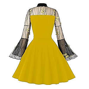 Women Steampunk Gothic Lace Dress Cocktail Swing Mini Dress A-Line High Waisted Pleated Bell Sleeve Halloween Dress