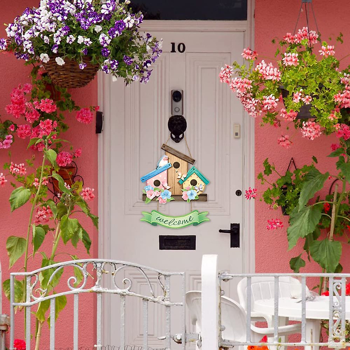 TOARTi Colorful Welcome Spring Front Door Sign Hanging(13.6"x11.8"), Blooming Flowers Butterfly Birdhouse Wall Sign Plaque, Wooden Garden Fence Hanger for Home Porch Farmhouse Cafe