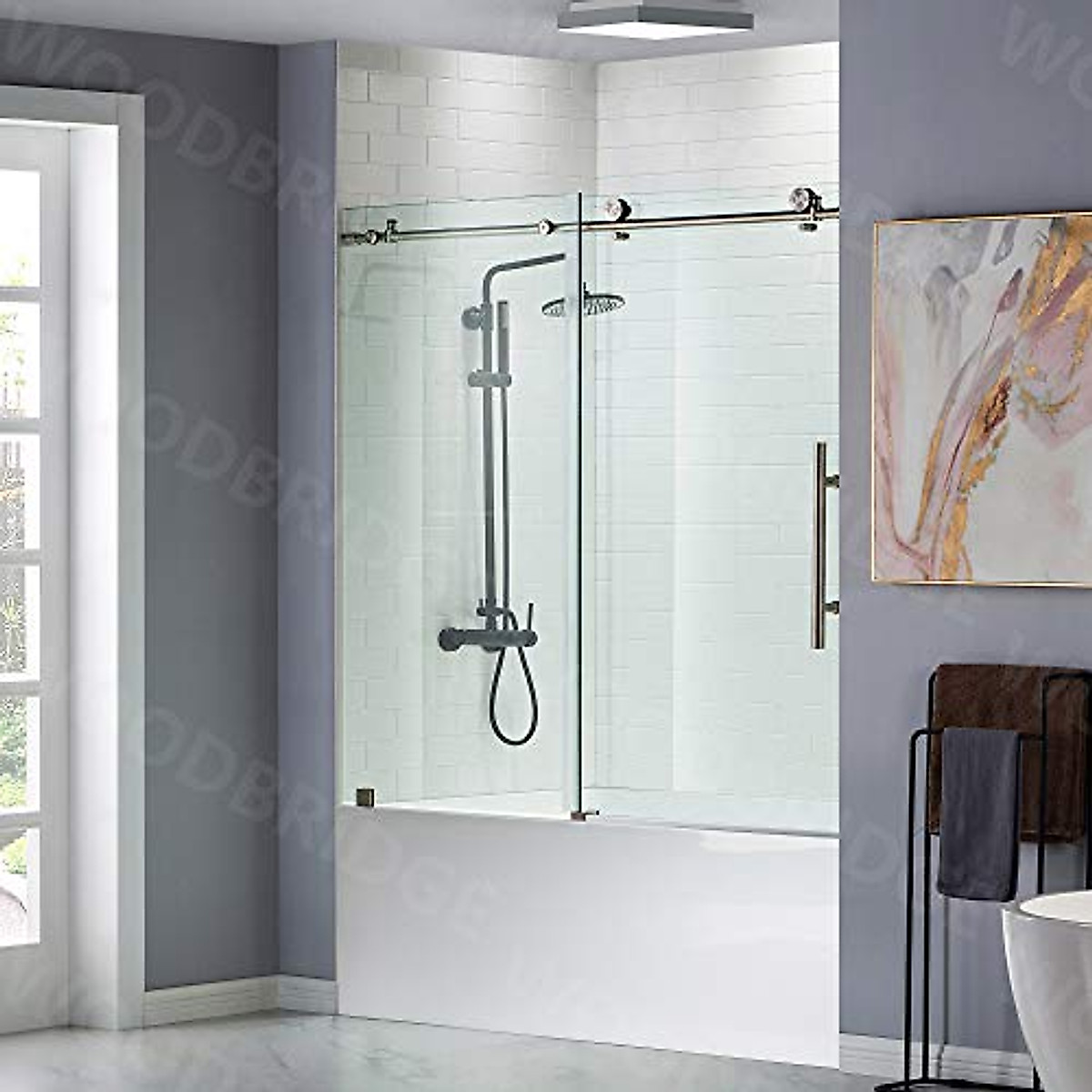 WOODBRIDGE Frameless Sliding Bathtub Door, 56"-60" Width, 62" Height, 3/8" (10 mm) Clear Tempered Glass, Brushed Nickel Finish, Designed for Smooth Door Closing and Opening. MBSDC6062-B4