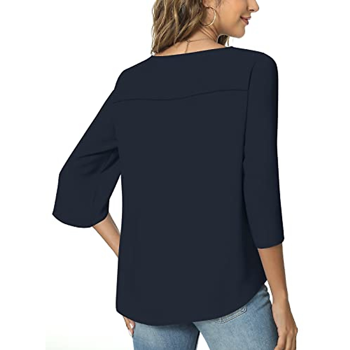 TAOHUADAO Womens 2025 Summer Casual Square Neck Loose Tunic Top for Leggings 3/4 Sleeve Chiffon Blouse Shirt Tops Large, Navy Blue