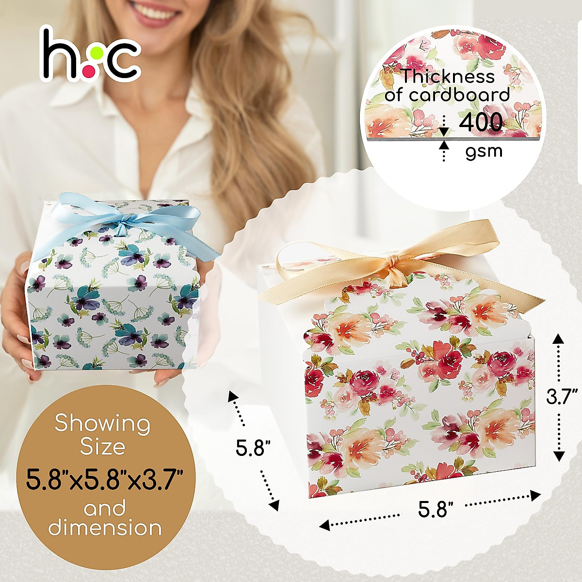 Hayley Cherie - Square Gift Treat Boxes with Ribbons (20 Pack) - 5.8 x 5.8 x 3.7 inches - Thick 400gsm Card - For 20 Count (Pack of 1)