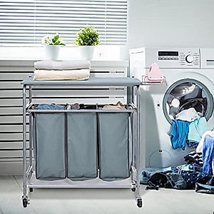 ALIMORDEN Laundry Sorter with Ironing Board Iron Rack Rolling Laundry Basket with Side pull 3-Bag Heavy-Duty Laundry Room Organizer Clothes Hamper with 4 Wheels and lid Blue Grey