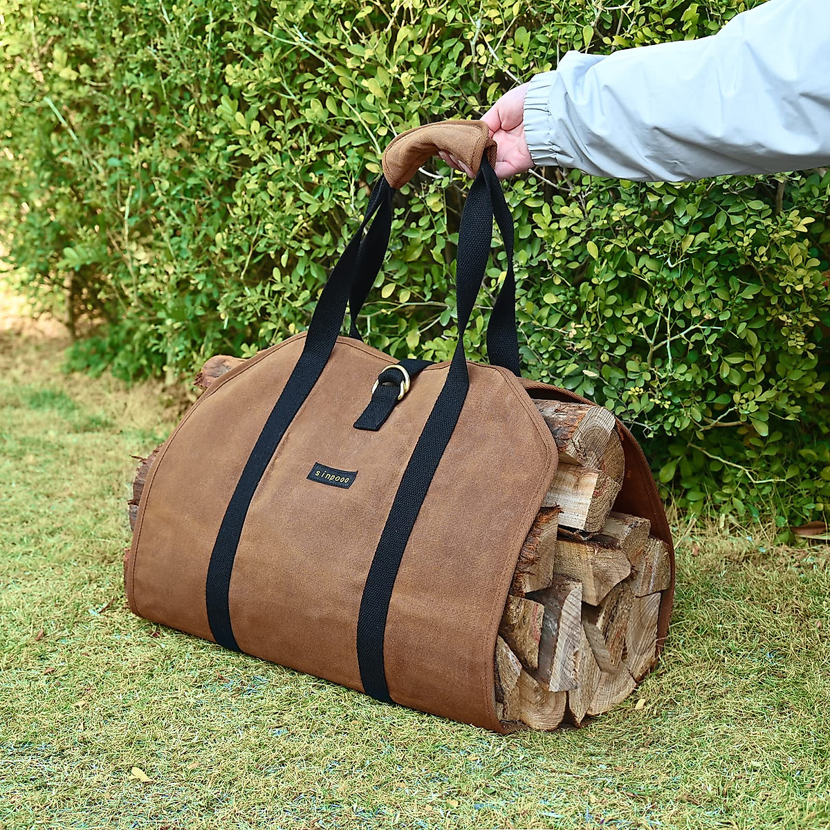 Firewood Carrier,Large Wood Carrying Bag with Handles Fireplace Log Carriers & Holders,Security Strap Camping Wear-Resistant & Dirt-Proof Waxed Canvas Indoor Stand Brown(Double Brass Rings)