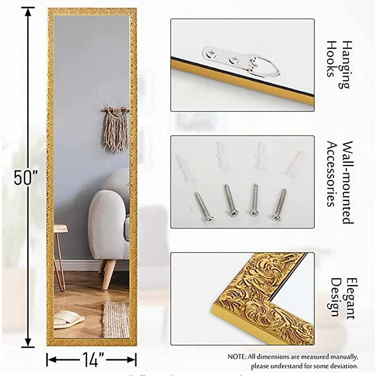 Yone jx je Full Length Mirror Wall Mirror Full Body Mirror for Wall Hanging or Leaning Against Wall Dressing and Wall-Mounted Mirror Polymer Thin Frame No Stand, 50"x 14", Gold