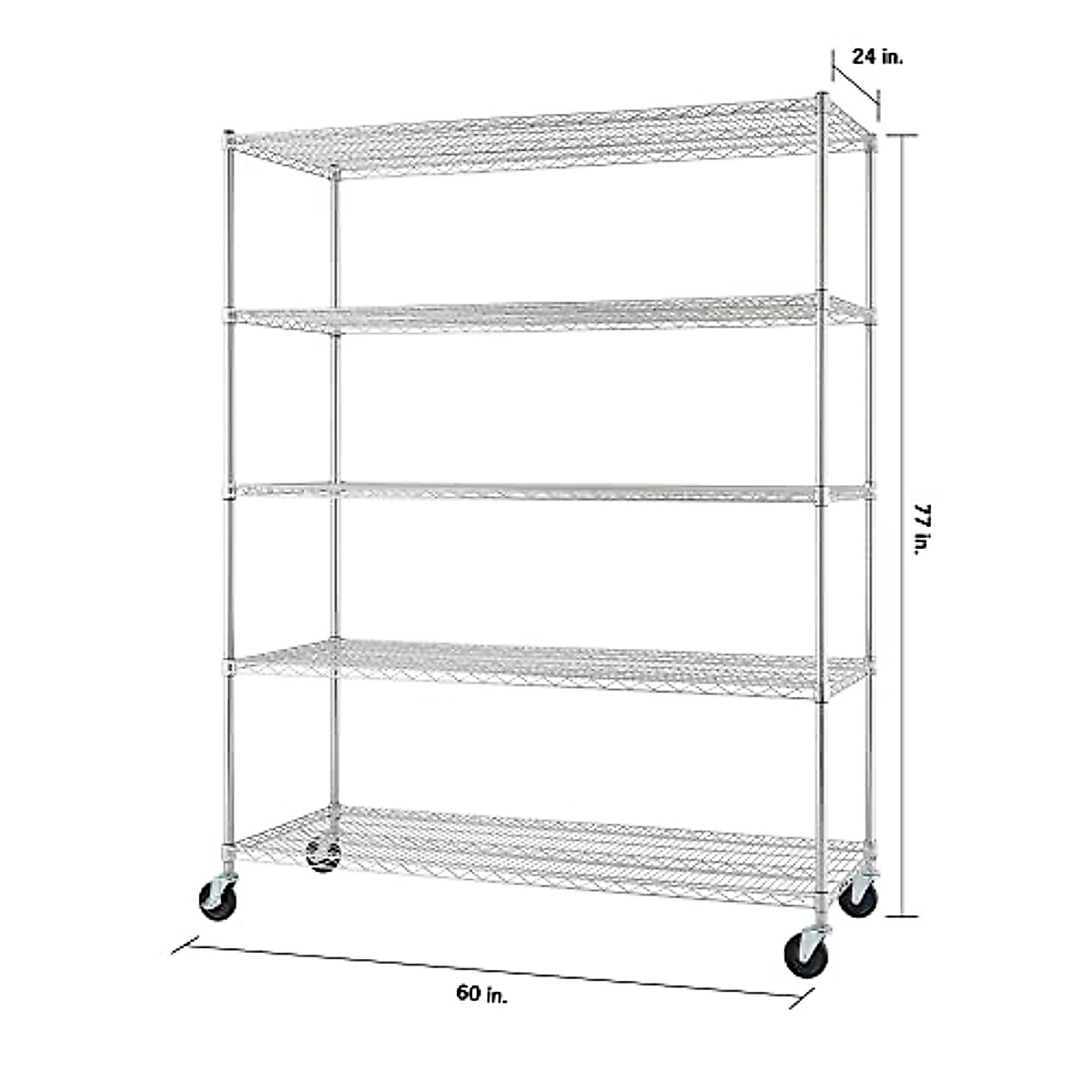 TRINITY BASICS TBFC-0931 5-Tier Adjustable Wire Shelving with Wheels for Kitchen Organization, Garage Storage, Laundry Room, NSF Certified, 600 to 2250 Pound Capacity, 60” by 24” by 77”, Chrome