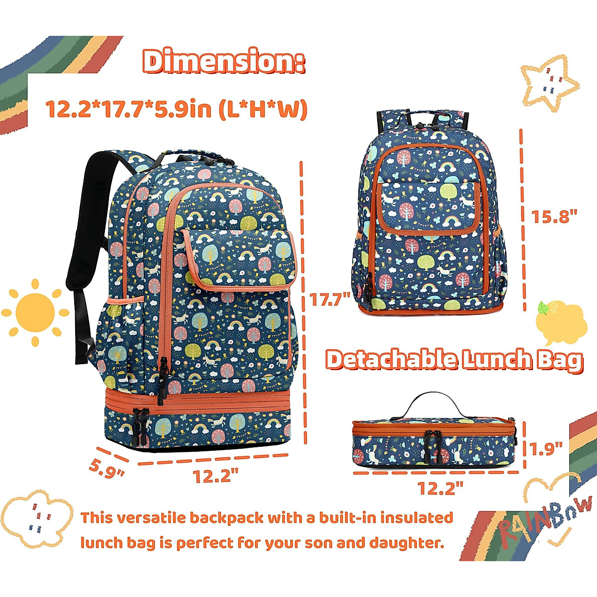 Leaper Water-resistant Cute Rainbow Laptop Backpack Double Deck Lunch Bag Satchel Dark Blue
