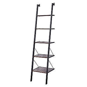 RAAMZO 5-Tier Industrial Leaning Ladder Wall Bookshelf Bookcase Display Storage Rack Accent in Walnut Finish and Black Frame - 75-inch Height