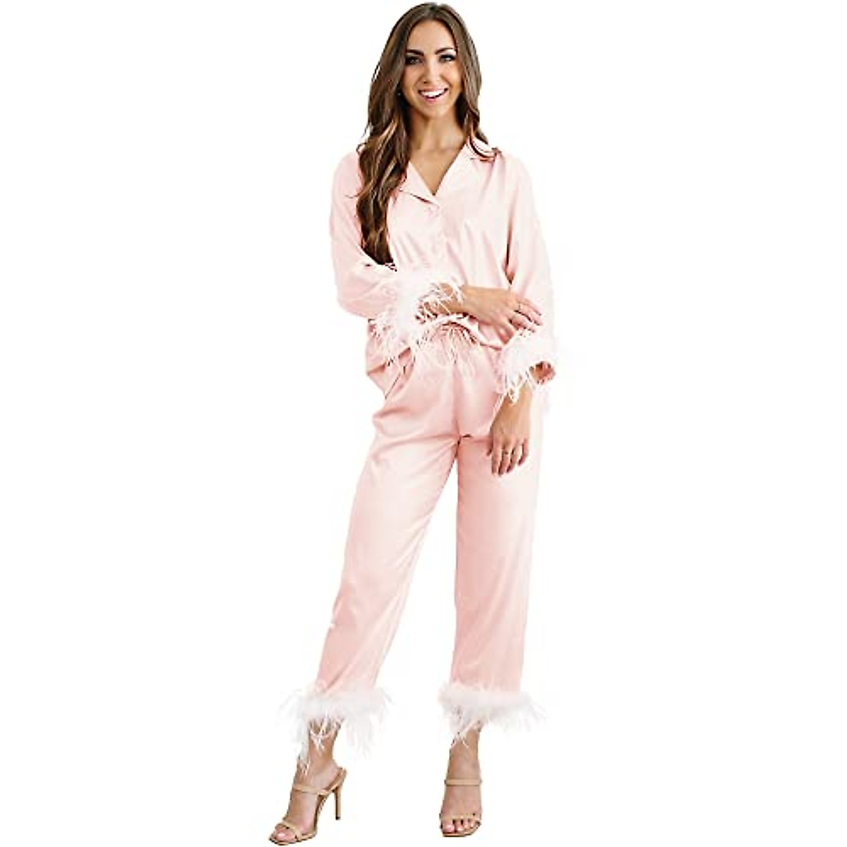 Belle's Design Women's Feather Trim Silk Satin Pajama Button Down Long Sleeve and Pants Set Sleepwear Loungewear S To XXL (Blush, Small)