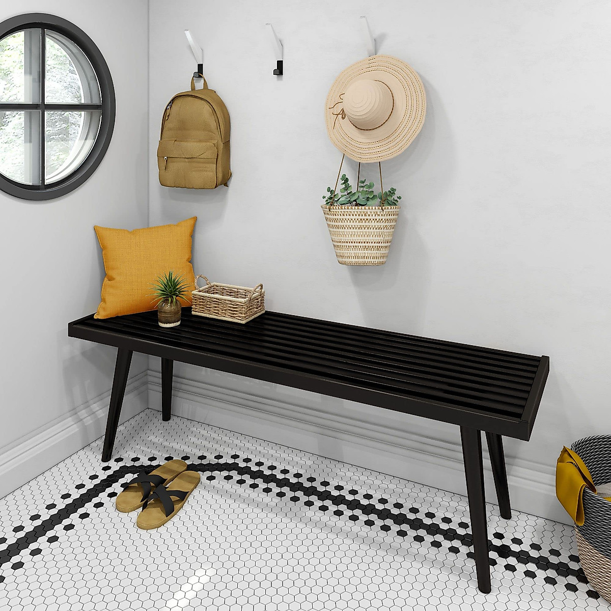 Plank+Beam Mid-Century Modern Entryway Bench, Black