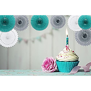 8PCS Teal Grey White Hanging Paper Turquoise Aqua Party Fan Rosettes Circle Garland for Mermaid Birthday Under The Sea Party Girl Baby Shower Teal Wedding Bridal Shower Decoration
