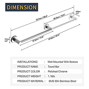 BESy Adjustable 15.9 to 28.6 Inch Single Bath Towel Bar Rack for Bathroom Accessories SUS304 Stainless Steel Towel Holder, Wall Mount with Screws Hand Towel Bar Rod Hotel Style, Polished Chrome