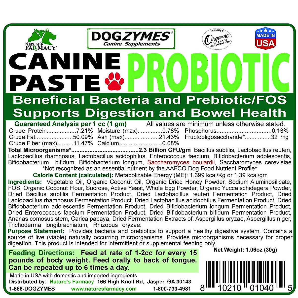 Dogzymes Canine Probiotic Paste Beneficial Bacteria-Enzyme 2.3 Billion CFU/gm Saccharomyces boulardii Organic Dried Honey Powder (30 Gram)