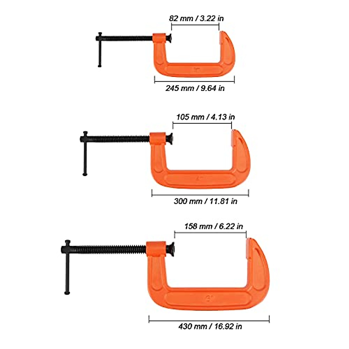 3 Pcs 3 Sizes C Clamp Set, 3" 4" 6" Jaw Opening Small C Clamp Kit, Malleable Iron Mini G Clamp for Woodworking, Orange