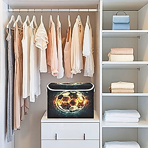 Krafig Burning Soccer Ball Foldable Storage Box Large Cube Organizer Bins Containers Baskets with Lids Handles for Closet Organization, Shelves, Clothes, Toys
