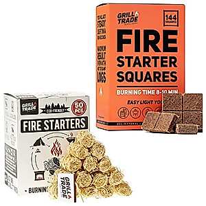 Grill Trade Fire Starter Squares 144, Easy Burn Your BBQ Grill, Camping Fire, Wood Stove, Smoker Pellets, Lump Charcoal &Natural Fire Starters Burn Wood Stove Grill Fireplace Camping Pit BBQ Charcol