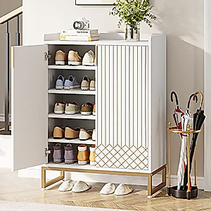 Tribesigns White Shoe Cabinet, 25 Pair Shoe Cabinets with Doors, 5-Tier Modern Shoe Rack Organizer Cabinet, Freestanding Wood Shoe Storage Cabinet with Gold Metal Frame for Bedroom Hallway Living Room
