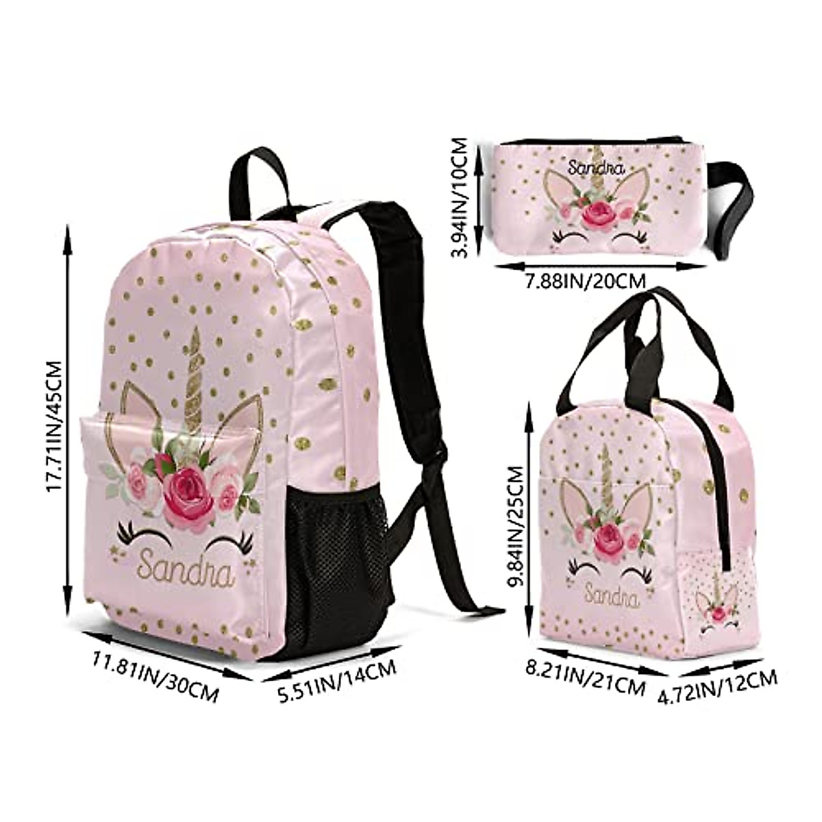 Personalized Name Teen School Backpack, Glitter Floral Unicorn Bookbag Set with Insulated Lunch Tote Pencil Case Travel Bag