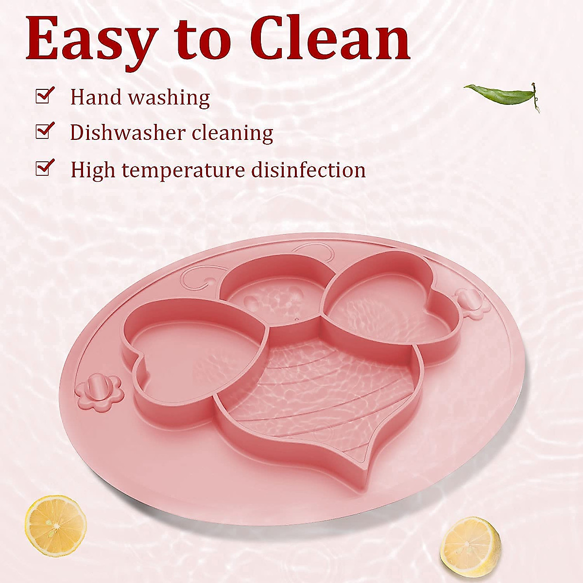 KVK Baby Plates with Suction, Silicone Toddler Plate for Babies Infants, Stick to High Chair Trays and Table, Microwave Dishwasher Safe - Cute Bee - Baby Pink