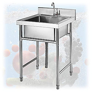 Single Bowl Free Standing Sink 1 Compartment 304 Stainless Steel Commercial Kitchen Prep Utility Hand Basin for Garage, Restaurant, Laundry Room, Indoor Outdoor (Silver 50x80cm)