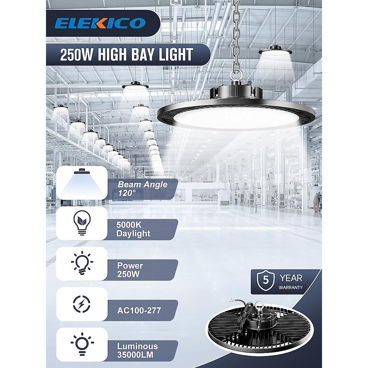 ELEKICO UFO Led High Bay Light, 250W 4 Pack 35000lm 5000k Daylight 100-277v Led Shop Light with 5' Cable 3-Pin Plug Hook Safe Rope, Led Garage Light for Warehouse Workshop Barn Garage