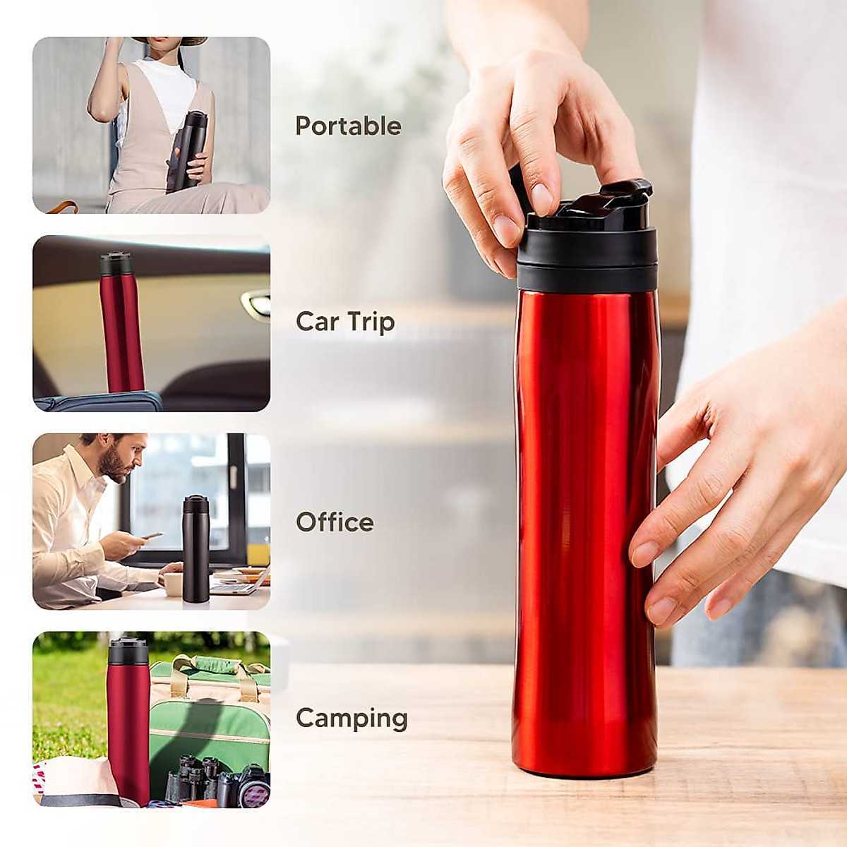 BENFUCHEN Portable Coffee Maker Stainless Steel Insulated Double Wall Vacuum Car Travel French Press Tea Maker Coffee Pot Outdoor Coffee Mug Cup With Stainless Steel Spoon, 350ML/12OZ, Red