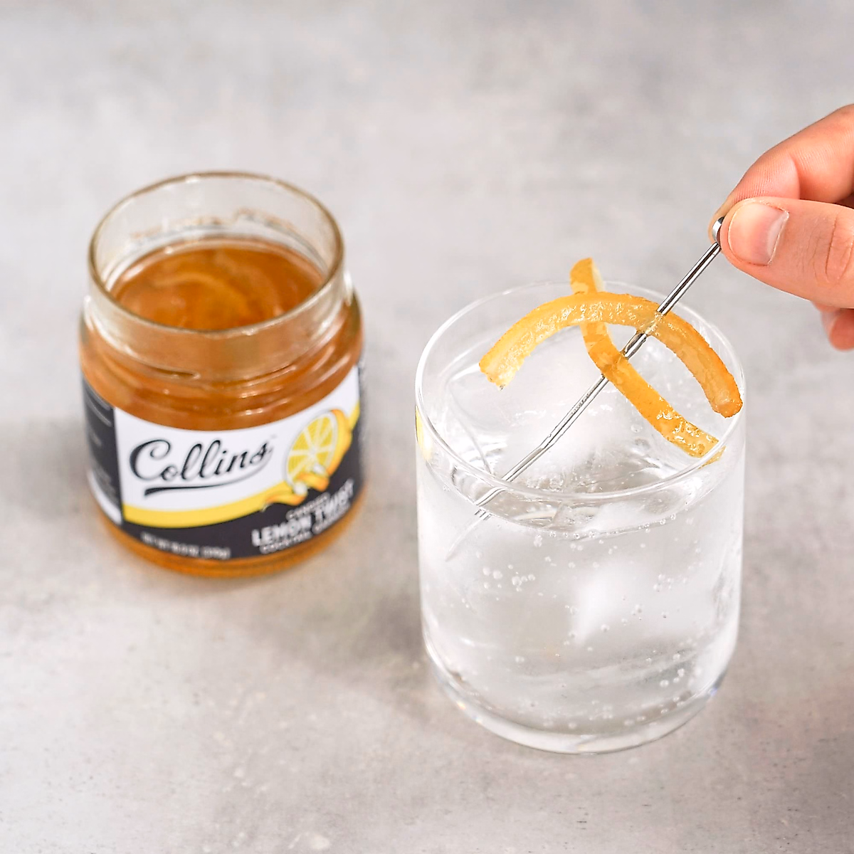 Collins Lemon Twist in Syrup Candied Citrus Peel - Popular Cocktail Garnish for Margarita, Martini, Lemon Drop, Old Fashioned Drinks, Peel for Baking - 10.9oz Jar