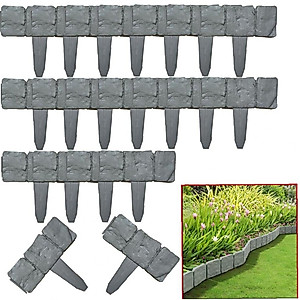 Ruluti 20pcs Flower Bed Decorative Fence Simulation Stone Plastic Garden Edging Border Interlocking Lawn Landscape Stakes, Gray