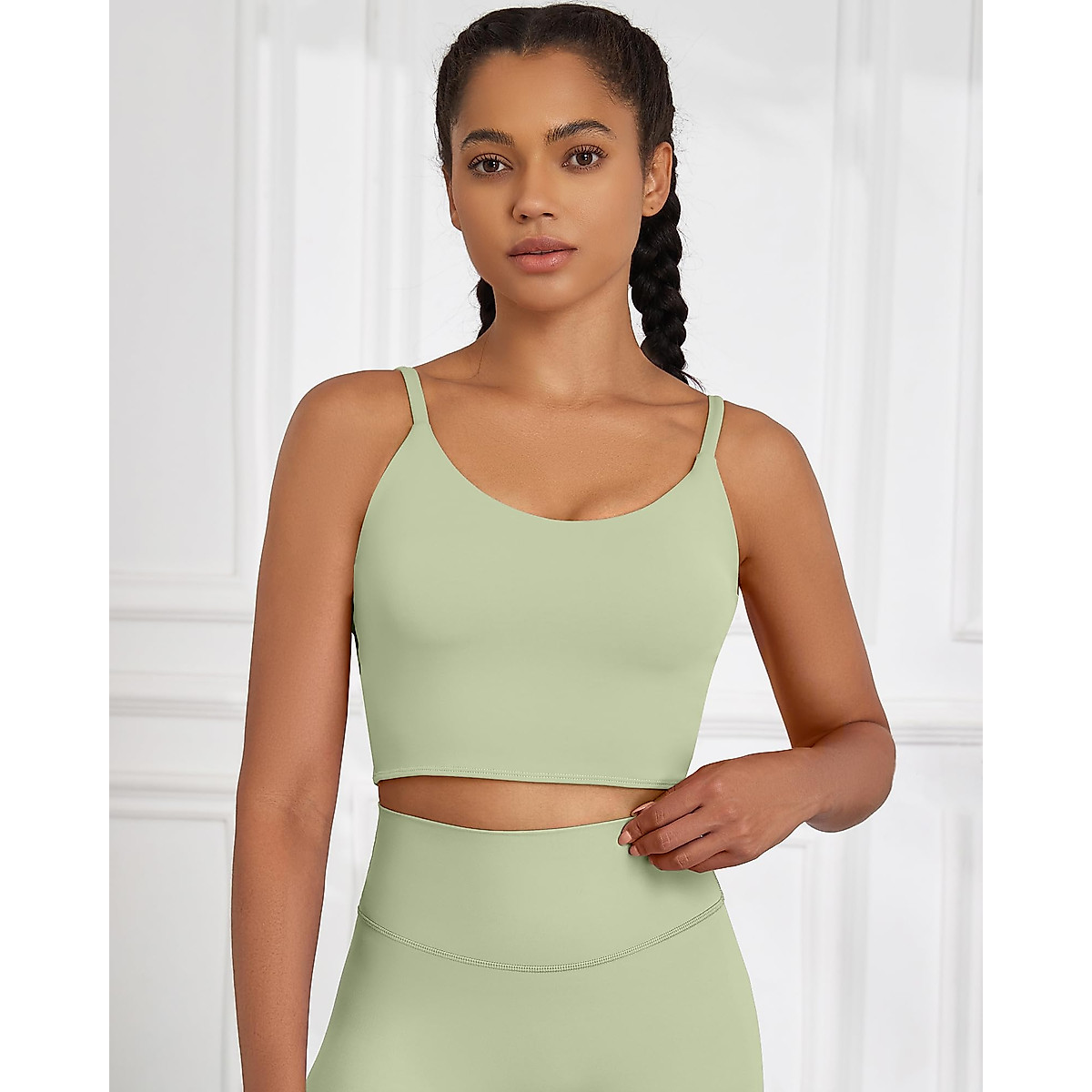 Pfreesea Longline Sports Bra for Women Sexy Open Back Workout Crop Tops Strappy Yoga Tank Top with Built in Bra