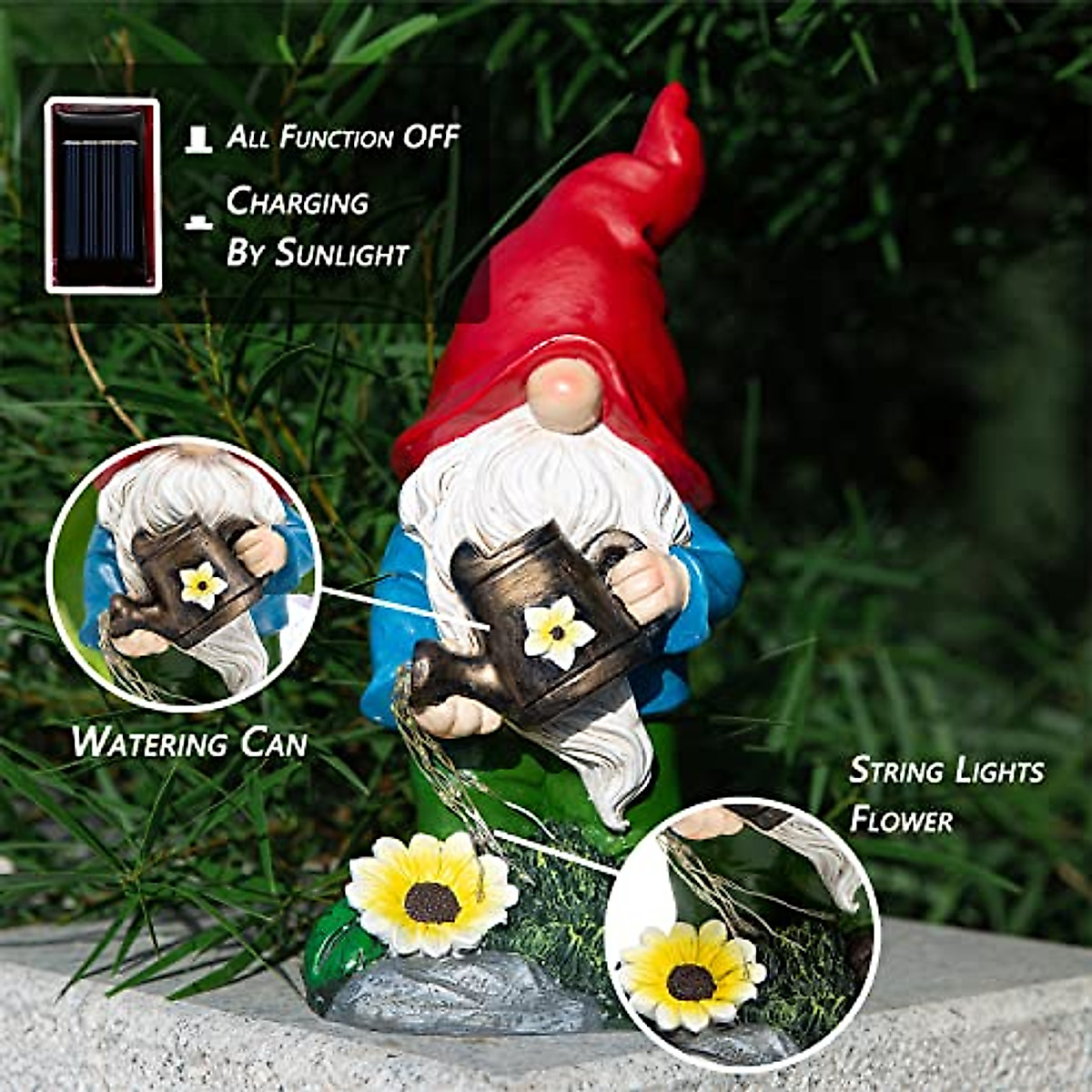 Garden Gnome Statue Outdoor Decor with Watering Can Solar Lights, Funny Knomes Figurines Watering Sunflower, Outside Decoration for Patio Yard Lawn Porch Ornaments Clearance Gardening Gift