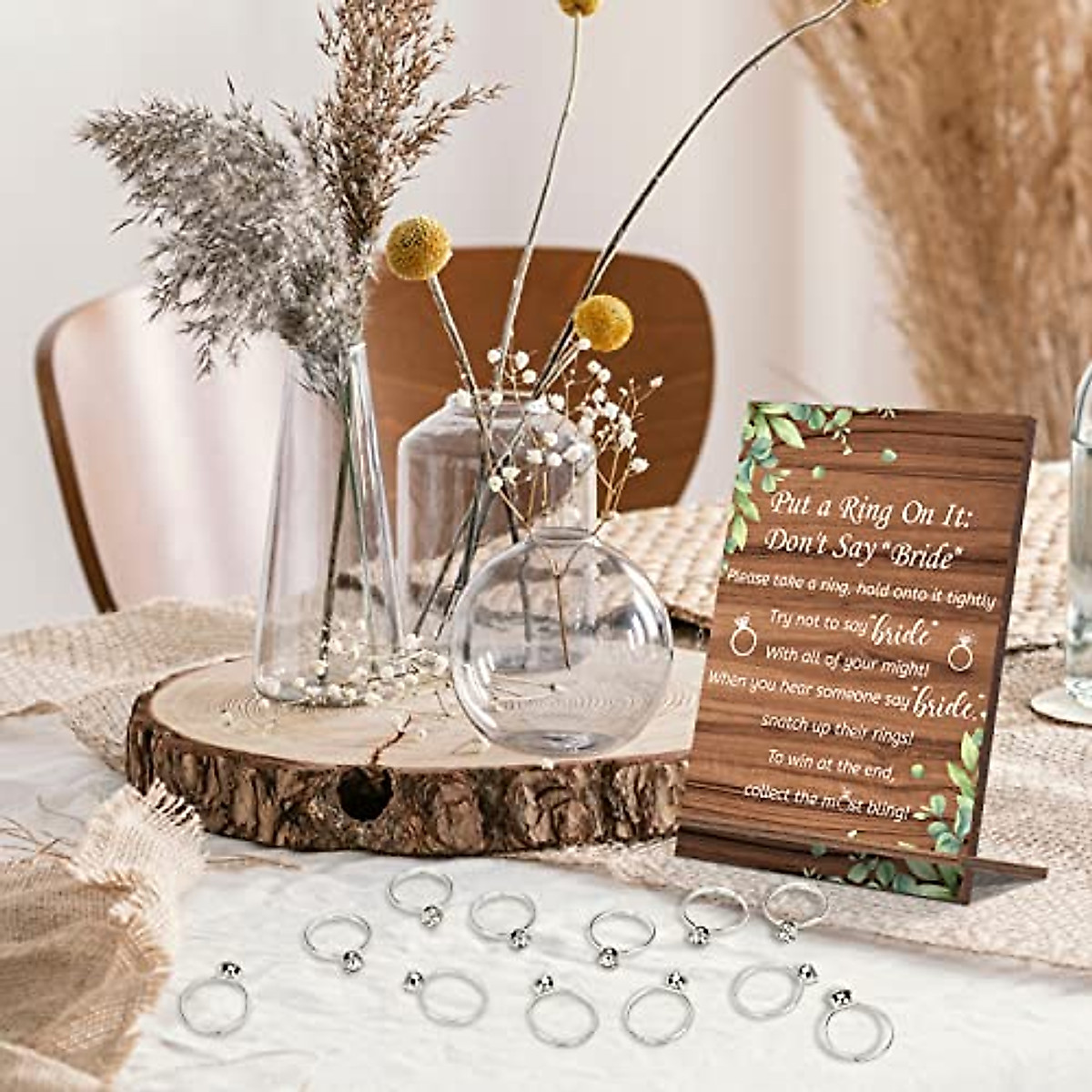 Put a Ring on It Bridal Shower Game with 100 Pcs Metal Fake Rings, Rustic Greenery Bridal Shower Favors Not Say Bride Rules Wedding Shower Games Wooden Bridal Shower Gifts for Guests (Silver)