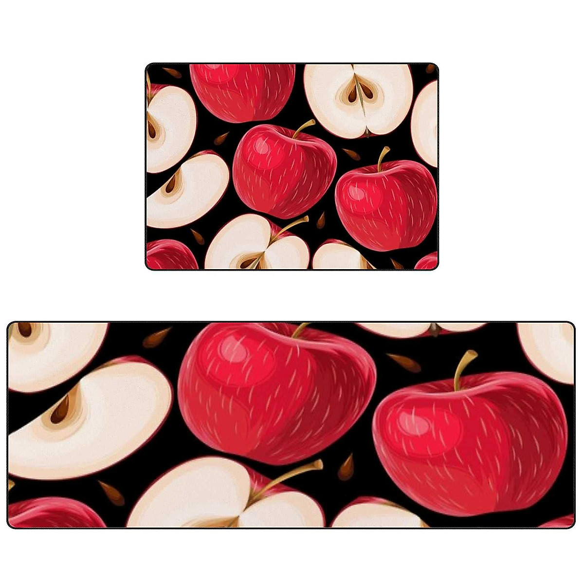 Kitchen Rugs and Mats Set of 2 Pieces Anti Fatigue Standing Mat Watercolor Red Apple Black Non Slip Washable Comfort Flooring Carpet Runner for Kitchen Home