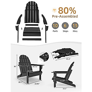 Folding Adirondack Chair - Durable HDPE Poly Lumber All-Weather Resistant, Foldable Oversized Balcony Porch Patio Outdoor Chair for Lawn, Backyard, Deck, Garden, Camping - Easy Installation, Black