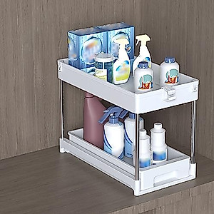 SZIPJAMP Under Sink Organizers and Storage 2 Tier Slide Out Kitchen Cabinet Organizer Sturdy Metal Storage Rack White Matte Kitchen Shelf for Countertop