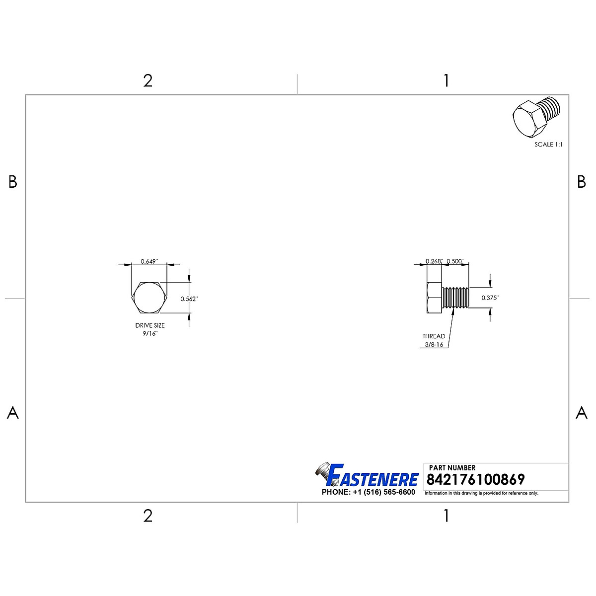 3/8-16 x 1/2" Hex Head Cap Screw Bolts, External Hex Drive, Stainless Steel 18-8, Full Thread, Bright Finish, Flat Point, Quantity 10 by Fastenere
