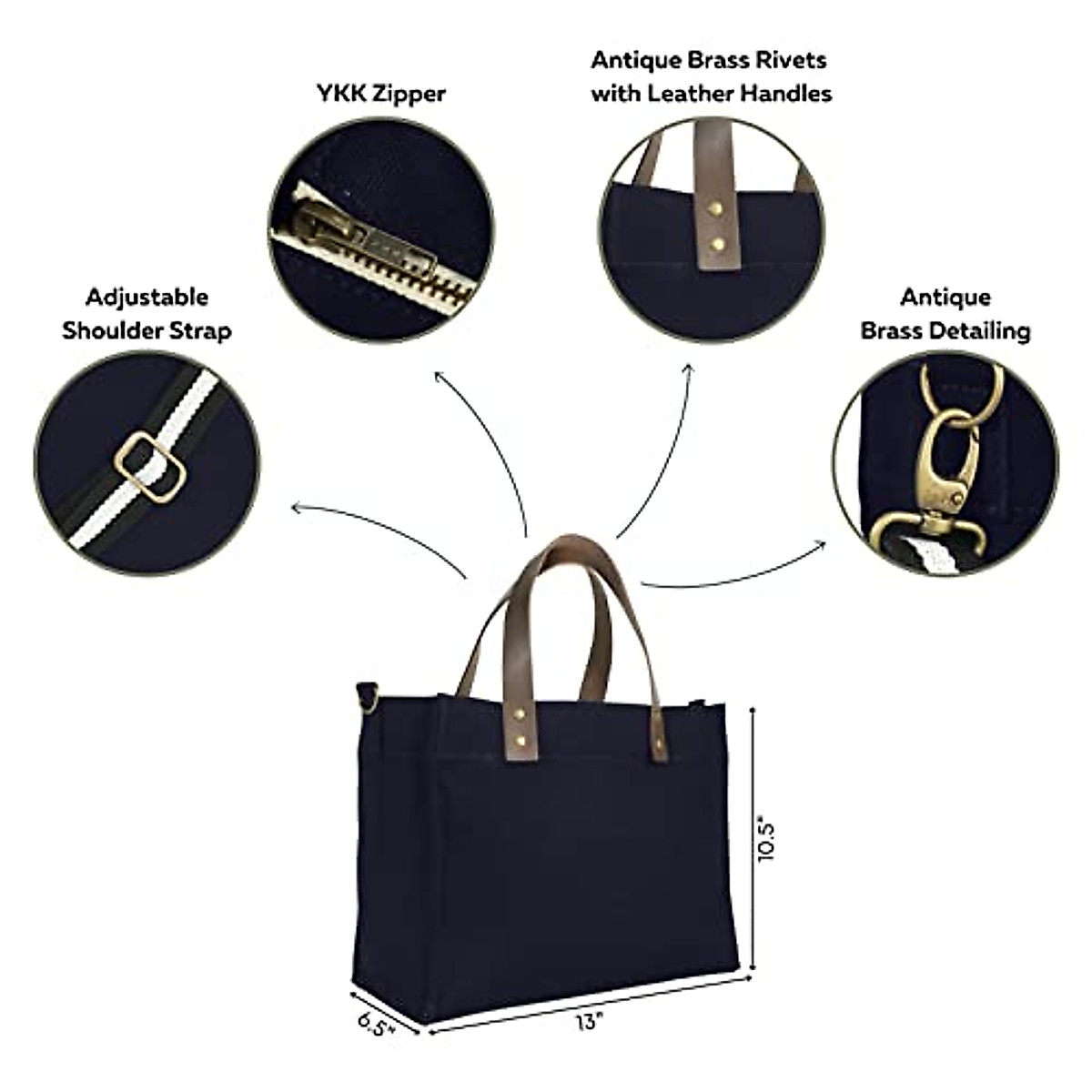 Tag&Crew Brooklyn Tote Canvas Bag with Leather Handles, Zippered Flap, 3 Pockets, Adjustable Shoulder Strap, Antique Brass Clips - Navy Blue