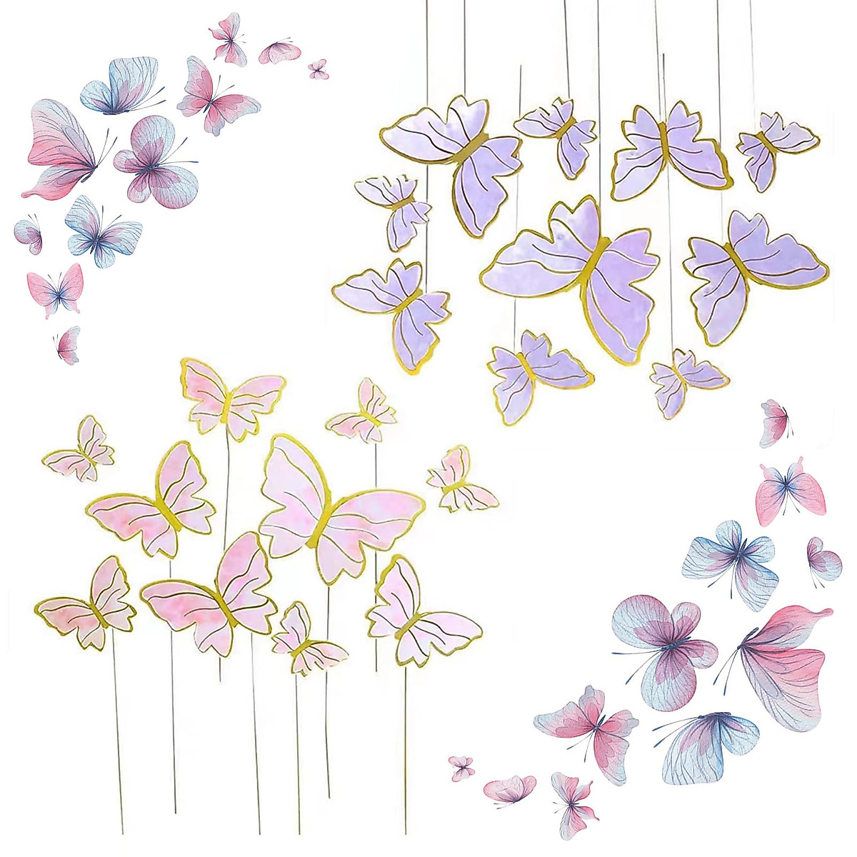 60PCS Pink Purple Gold Butterfly Cake Toppers, 3D Cupcake Toppers Happy Birthday Metal Gold Topper for Girls Women's Party Decorations Women Party Wall Food Decorations,Mixed Size