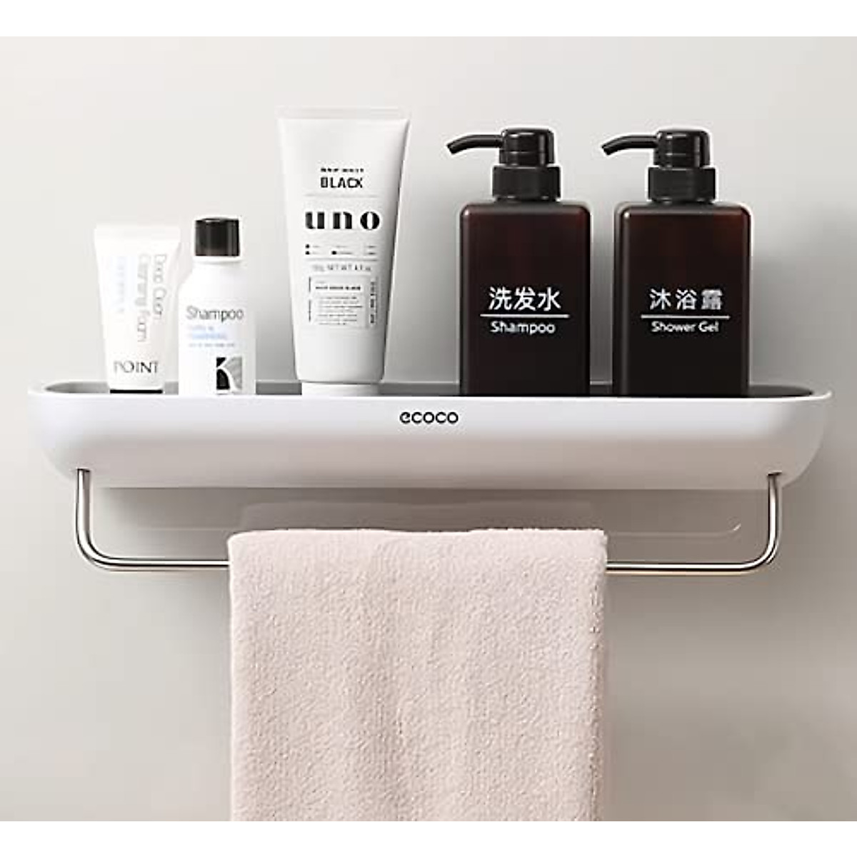 Bathroom Organizer - Wall Mounted Shower Caddy Shelf - With Towel Rail - Extra Strong Self Adhesive - No Drilling - Easy Drainage - Rustproof. (White/Gray)