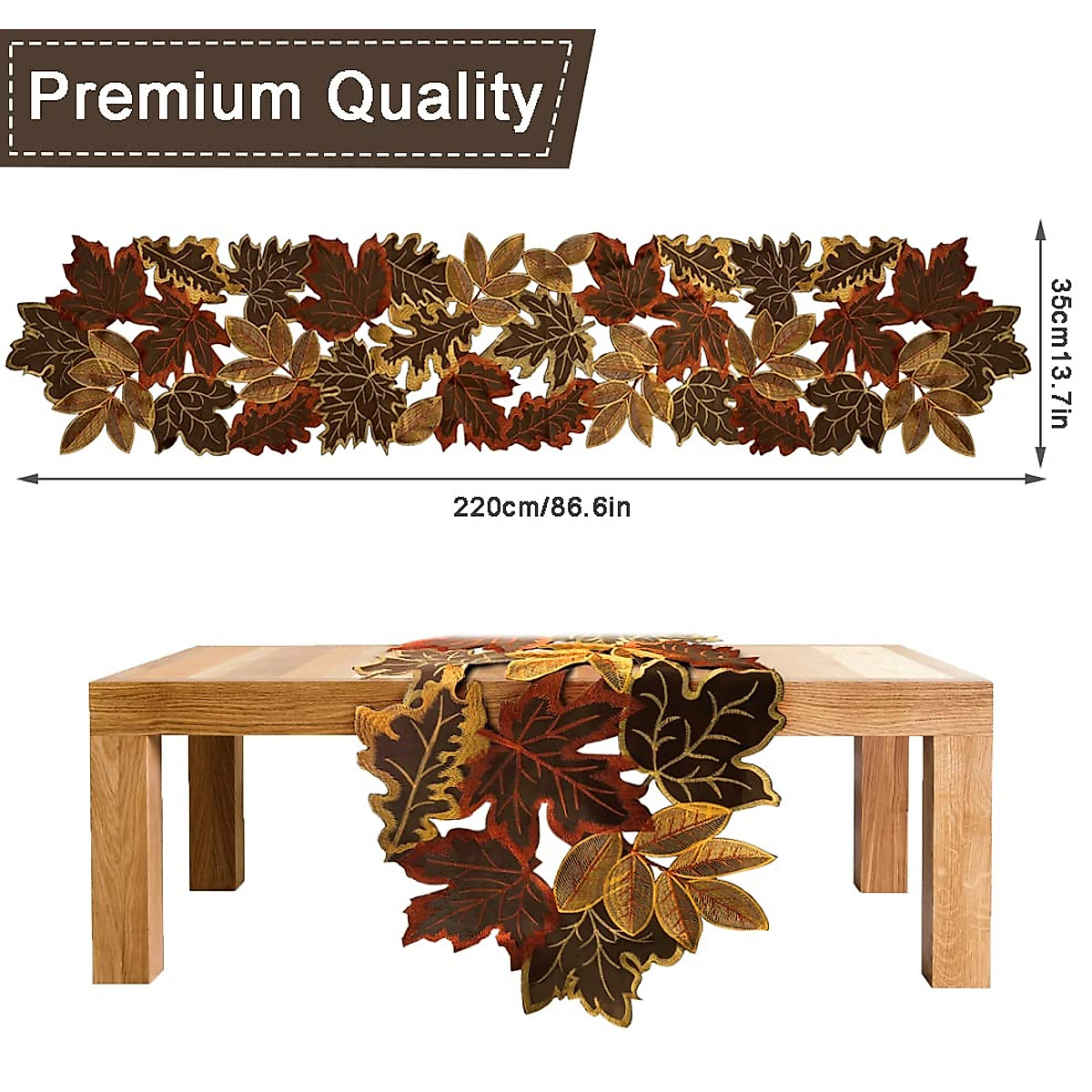 Fall Thanksgiving Table Runner with Embroidered Maple Leaves, Farmhouse Fall Thanksgiving Table Harvest Decor (13.7 × 86.6 inches)